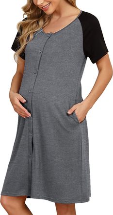 KOJOOIN Nachthemd Damen Geburt Stillnachthemd Kurzarm Nachtw&auml;sche Baumwolle Umstandsnachthemd mit Durchgehender Knopfleiste Dunkelgrau B(Kurzarm) XL