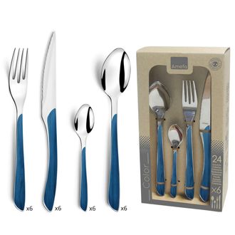 Amefa ECLAT Besteck Set NATURE Blau Holz Essbesteck 24-teilig f&uuml;r 6 Personen Edelstahl rostfrei Kunststoff-Griffschalen in Holzoptik sp&uuml;lmaschinenfest Beste