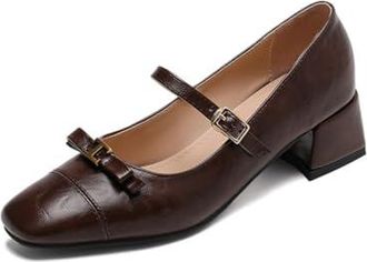 Generic Escarpins Mary Jane Femme Bout Carré Décor Noeud Cuir Artificiel Talons Épais Boucle Slip on Bureau Travail Robe Fête Chaussures,Marron,38.5 EU