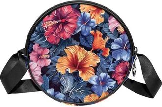 Generic Petit sac &agrave; bandouli&egrave;re rond vintage pour femme, motif fleur dhibiscus avec fermeture &eacute;clair, bretelles r&eacute;glables, sac &agrave; main rond d&eacute;contract&eacute; pour fe