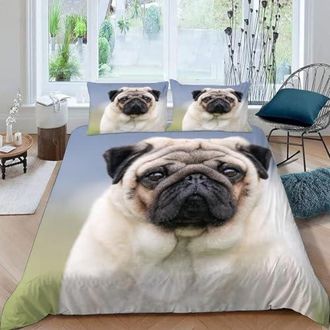 Generic Housse de Couette 220x240 Carlin Imprim&eacute;e 3D Chiens de Compagnie Parure de Lit 2 Personnes Doux Microfibre Literie avec 2 Taies Doreillers 65x65 cm av