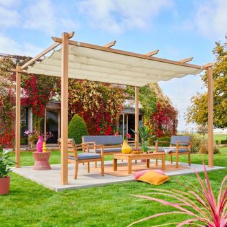 Sweeek Pergola aluminium - Isla 3x4m - Imitation bois. toile &eacute;cru - Tonnelle id&eacute;ale pour votre terrasse. toit r&eacute;tractable. toile coulissante. structure