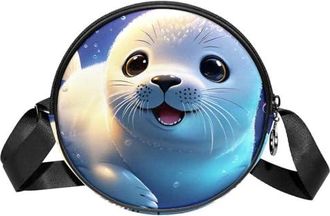 Generic Petit sac &agrave; bandouli&egrave;re Circle pour femme, motif phoque du harpe, petit sac &agrave; bandouli&egrave;re avec fermeture &eacute;clair, bretelles r&eacute;glables, sac &agrave; main rond 