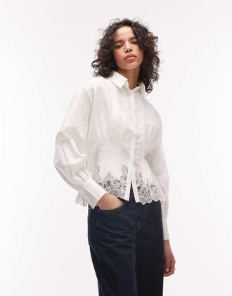 AllSaints Carol - Elegantes Button-down-Hemd in Wei&szlig; mit Spitzenbesatz