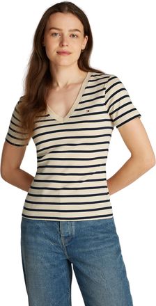 Tommy Hilfiger Damen T-Shirt Kurzarm New Slim Cody mit V-Ausschnitt, Mehrfarbig (Fine STP Country Ivory/Drk N Navy), XXXL
