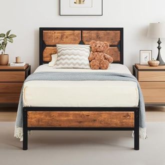 VECELO Cadre de Lit 90x190 cm, Sommier Plateforme avec Tête Rustique en Bois Vintage, Support à Lattes en Métal Solide, Rangement sous Le Lit, Marron