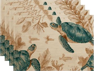 Generic Platzsets mit Schildkr&ouml;ten- und Korallenmotiv, K&uuml;stenmotiv, f&uuml;r Esstisch, Sommer, Strand, rutschfest, waschbar, f&uuml;r drinnen und drau&szlig;en, K&uuml;che, Party,