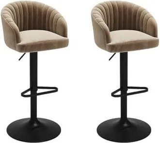 Vente-Unique Lot de 2 tabourets de Bar en Velours et m&eacute;tal - Hauteur r&eacute;glable - Beige - DORALIZ