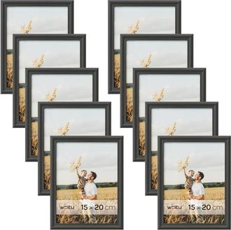 Woltu Lot de 10 Cadre Photo 15x20cm Cadre en Bois Massif avec Passe Partout, Suspendre Horizontalement ou Verticalement, Décoration Murale ou sur Table, Noi
