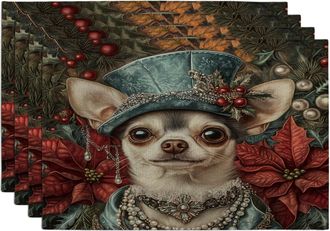 Generic Weihnachts-Platzsets im Vintage-Stil, Chihuahua-Hund, 30,5 x 45,7 cm, Retro-Weihnachtswelpe, 4 St&uuml;ck, weiche Tischsets f&uuml;r Zuhause, Haustier-Urlaub, P