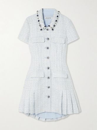 Self Portrait Mini-robe En Tweed Boucl&eacute; M&eacute;tallis&eacute; &Agrave; Cristaux - Bleu
