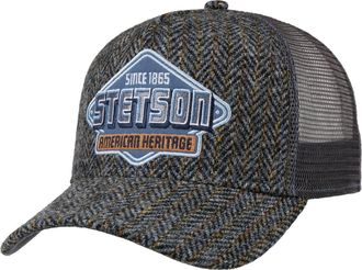 Stetson Harris Tweed Trucker Cap Damen/Herren One Size (ca. 56-59 cm) - Aus 100% Schurwolle - Mit Fischgratmuster und Logo-Aufnäher - Schirmlänge 7 cm - Meshc