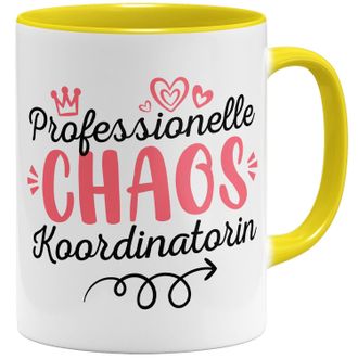 OM3 Professionelle Chaos Koordinatorin Kaffee-Tasse mit Spruch - Bürotasse Büro - Keramik Becher - 325ml - Beidseitig Bedruckt - Gelb