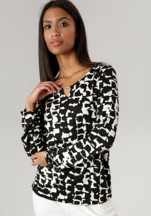 Aniston Langarmshirt mit Allover-Druck, Zierst&auml;bchen und Cut Out