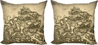 Abakuhaus Nautisch Kissenbezug Set (2Stück), Retro Schiff Octopus Theme, doppelseitiges Digitaldruckdekor mit Reißverschluss, 45 cm, Yellow Olive