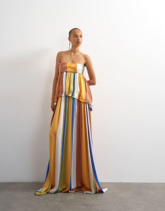 Topshop Robe bandeau longue &agrave; taille basse en satin de qualit&eacute; sup&eacute;rieure - Rayures multicolore-Jaune