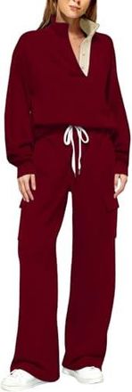 Generic V&ecirc;tements de sport 2 pi&egrave;ces pour femme - Pull &agrave; manches courtes - Pantalon large - Costume d&eacute;contract&eacute; - Ensemble de sport en polaire pour femme, bord