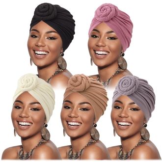 Dreshow 5 St&uuml;cke Afrikanischen Turban f&uuml;r Damen Soft Vorgebunden Knot Mode Plissee Turban Hut M&uuml;tze Kopfwickel Schlafm&uuml;tze