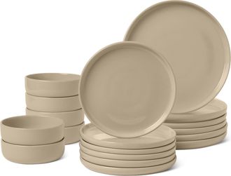 Amazon Basics Glasiertes Steingutgeschirr, 18-Teiliges Set, 6 Komplette Gedecke, Sp&uuml;lmaschinenfest, Leinengrau