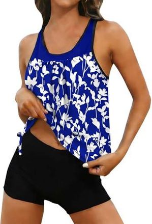 Generic Maillot de bain tankini deux pi&egrave;ces pour femme avec short boyleg - Contr&ocirc;le du ventre - Taille haute - D&eacute;bardeur de bain vintage &agrave; imprim&eacute; floral - Po