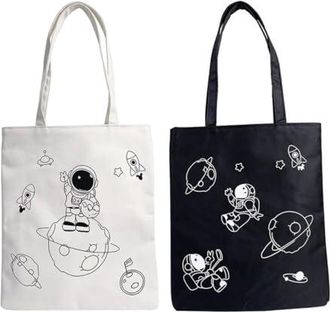 BESTONZON Ciieeo Lot de 2 Paquet Fourre-tout en Toile &agrave; Bandouli&egrave;re, Imprim&eacute; Astronaute Mignon, Taille Moyenne, Couleurs Noir et Blanc, Paquet Cabas L&eacute;ger et R&eacute;
