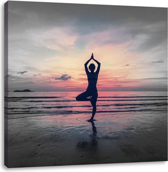 Pixxprint Yoga am Strand B&W Detail, Gr&ouml;&szlig;e: 60x60, Leinwandbild Quadratisch, Wandbild, Kunstdruck, fertig bespannt