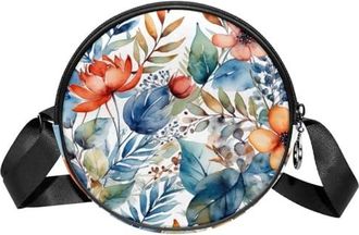 Generic Sac &agrave; bandouli&egrave;re rond pour femme, motif fleurs et feuilles, sac &agrave; dos avec fermeture &eacute;clair, bretelles r&eacute;glables, sac &agrave; main rond d&eacute;contract&eacute; pour fe