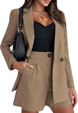 Generic Tenue d&eacute;contract&eacute;e 2 pi&egrave;ces pour femme - Blazer et short &agrave; manches longues ouvert sur le devant - Tenue daffaires pour le travail, kaki, XXL