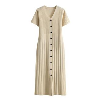 Generic Robe amincissante d&eacute;t&eacute; d&eacute;contract&eacute;e &agrave; manches courtes et col en V pour femme, beige, Taille unique
