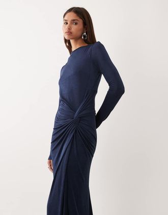 Daska Robe longue stretch &agrave; manches longues et col montant avec d&eacute;tail torsad&eacute; - Bleu marine