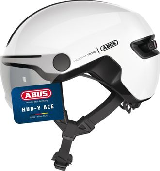 ABUS Stadthelm HUD-Y ACE - stylischer Fahrradhelm mit Visier und magnetischem, aufladbarem LED-R&uuml;cklicht - f&uuml;r Damen und Herren - Wei&szlig; Gl&auml;nzend, Gr&ouml;&szlig;e L
