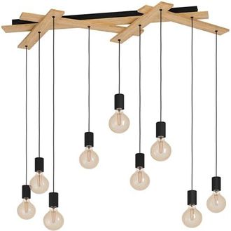 Eglo Pendelleuchte Monmount, 9 flammige Hängelampe, Hängeleuchte aus Holz in Natur und Metall in Schwarz, Esstischlampe, Wohnzimmerlampe hängend mit E27 Fa