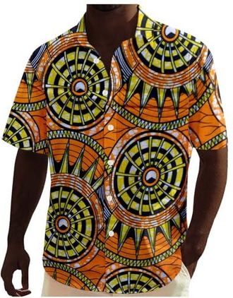 Generic Chemise &agrave; manches courtes pour homme style traditionnel africain Dashiki d&eacute;t&eacute; hawa&iuml;en vacances &agrave; fleurs Ankara, Orange, 3XL