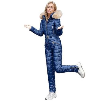 Generic Combinaison de ski dhiver ajust&eacute;e et &eacute;paisse avec grand col rembourr&eacute; pour femme, bleu, XXL
