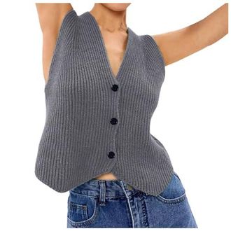 Generic Gilet sans Manche Femme Gilet Femme D&eacute;contract&eacute; Quotidien Ville Tricot Ample Ray&eacute; - Col V Boutonn&eacute; pour Look Fashion Casual