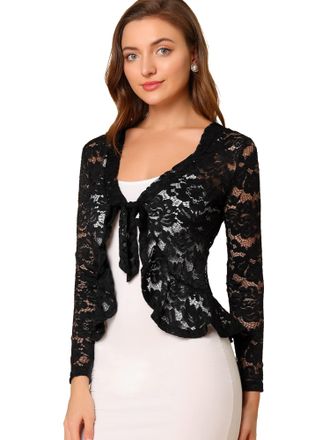 Allegra K Damen Spitzenbolero Langarm Bolero Durchsichtig R&uuml;schensaum Crop Blumen Shrug Schwarz XL
