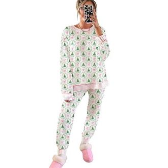 Generic Ensemble de pyjama motif arbres de Noël et noeuds pour femmes, pyjama de Noël décontracté mignon imprimé arbre contrasté rayé rayé ensemble de salon, 