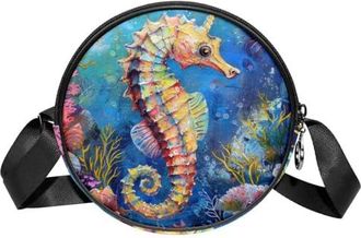 Generic Petit sac &agrave; bandouli&egrave;re rond pour femme, motif hippocampe, sac &agrave; dos &agrave; bandouli&egrave;re r&eacute;glable avec fermeture &eacute;clair, sac &agrave; main rond d&eacute;contract&eacute; pour fe