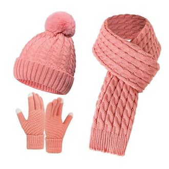 Generic Ensemble bonnet, &eacute;charpe, gants pour adolescentes, femmes et hommes, automne et hiver, chaud, en laine, gants 3 pi&egrave;ces, bleus, Rose, taille unique