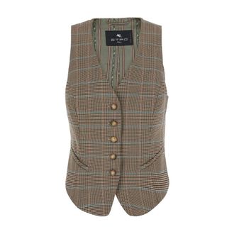 Etro Gilet droit en laine stretch &agrave; motif Prince de Galles - Femme - Costumes - Beige - Taille: 40 FR