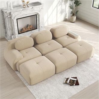 Generic Modulares Schlafsofa mit Ottomane, 3-Sitzer, modulares Cord-Sofa, ohne Montage, for Wohnzimmer, rahmenloses Sofa, mit gebogenen Armlehnen(Beige.,3S+3)