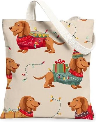 Generic Sacs fourre-tout festifs en toile avec motif animal mignon, sacs d&eacute;picerie r&eacute;utilisables, l&eacute;gers et lavables pour lhiver, beige, 13x15 Inch