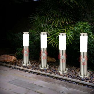 ETC Shop 4x led Au&szlig;enleuchte Sockelleuchten Garten-Lampe Beleuchtung Veranda Hof Weg edelstahl inkl. Bewegungsmelder 90&deg; 2-8m