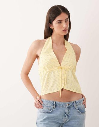 Never Fully Dressed Gilet de tailleur densemble dos nu &agrave; rayures fines avec clous et liens nou&eacute;s devant - Citron-Jaune