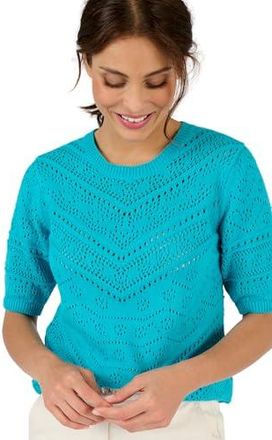 Damart Pull Maille Ajour&eacute;e Manches Aux Coudes, Femme, Col Rond, Turquoise, 42/44