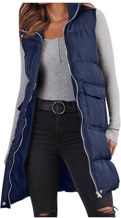 Generic Vestes pour femmes 2026 - Couleur unie - &Agrave; capuche - Longue veste rembourr&eacute;e &agrave; capuche - Manteau mince, bleu marine, XXL