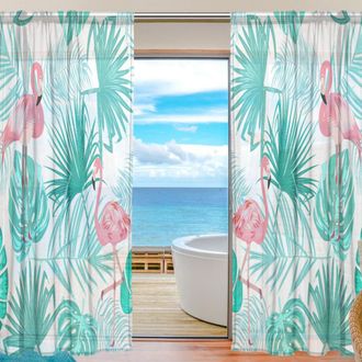 Alaza Durchsichtiger Voile-Vorhang, Motiv: Flamingo, tropische Pflanzen, Polyester-Material f&uuml;r Schlafzimmer, Dekoration, Zuhause, T&uuml;rdekoration, K&uuml;che, Woh