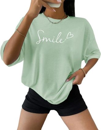 TOMWELL Damen Tshirt Kurzarm Sommer Oberteile Oversized T-Shirt mit Buchstaben Druck Lose Rundhals Sport Shirt Teenager M&auml;dchen Top Tunika Lang J Gr&uuml;n XXL