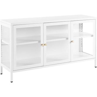 Beliani Commode Moderne en Acier &Eacute;tag&egrave;res avec 3 Portes Verre S&eacute;curit&eacute; Blanc Newport
