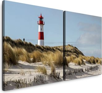 Paul Sinus Art GmbH Leuchtturm am Meer 120x60cm - 2 Wandbilder je 60x60cm Kunstdruck modern Wandbilder XXL Wanddekoration Design Wand Bild